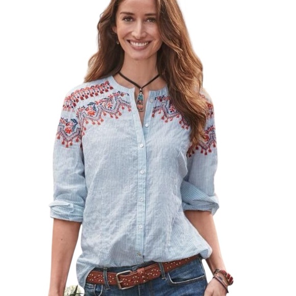 Sundance | Tops | Sundance Striped Buttonup Shirt With Embroidered ...